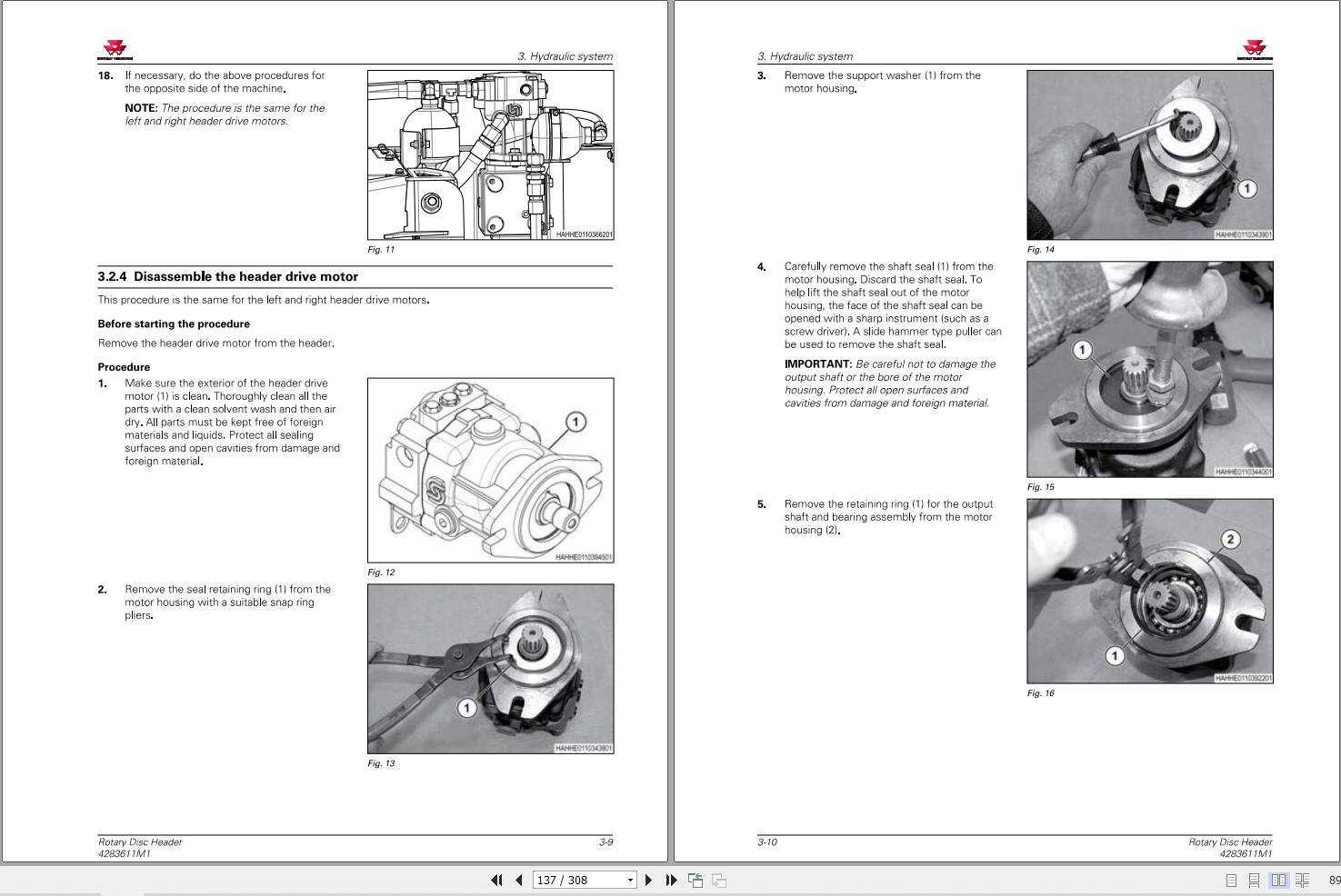 Massey Ferguson Disc Header 9295 9296 Workshop Service Manual 4283611M1