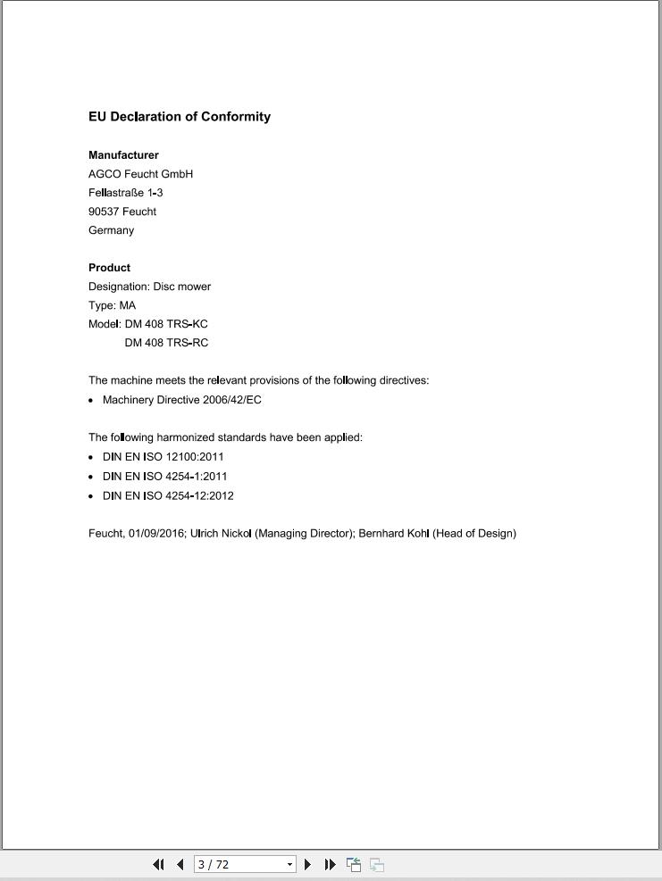 Massey Ferguson Diss Mower DM408TRS-KC DM408TRS-RC Operator Manual ...