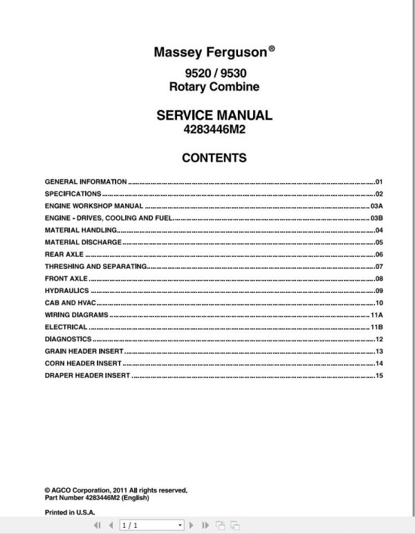 Massey Ferguson Rotary Combine 9520 9530 Service Manual 4283446M2