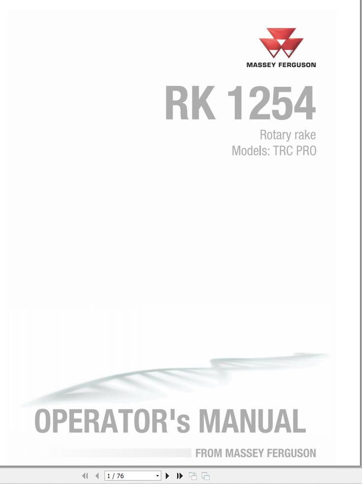 Massey Ferguson Rotary Rake RK1254 TRC PRO Operator Manual FEL1691790101
