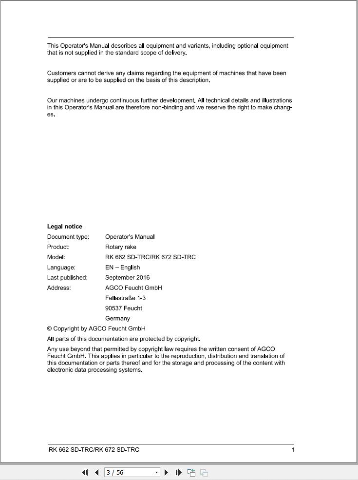 Massey Ferguson Rotary Rake RK662SD-TRC RK672SD-TRC Operator Manual ...