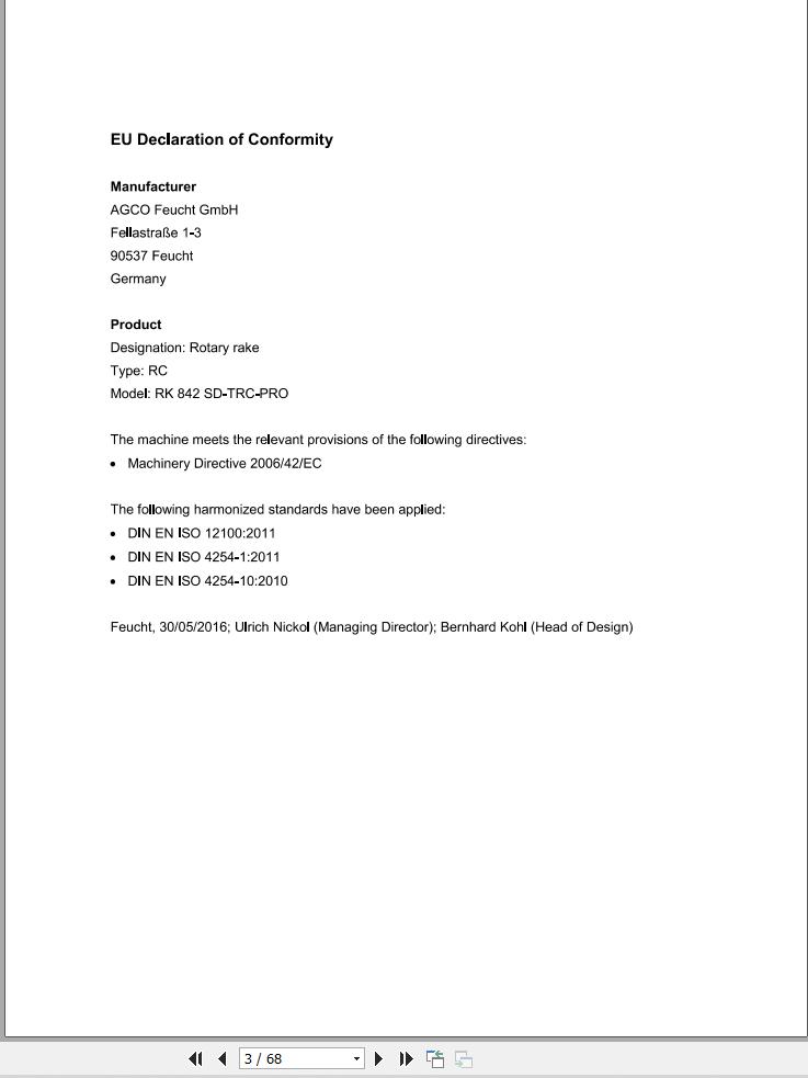 Massey Ferguson Rotary Rake RK842 SD-TRC-PRO Operator Manual FEL1685080101