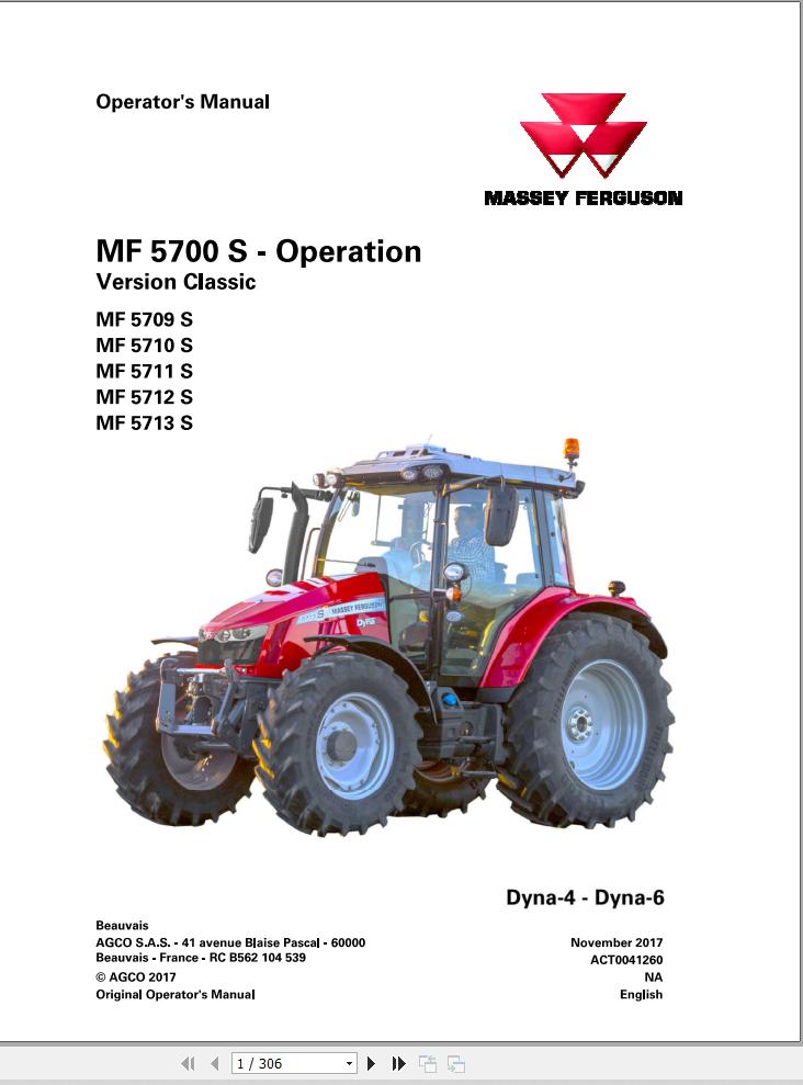 Massey Ferguson Tractor 5709S to 5713S Dyna 4 6 Operator Manual