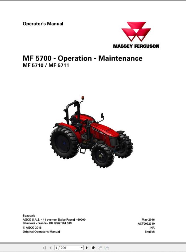 Massey Ferguson Tractor 5710 5711 Operator Manual