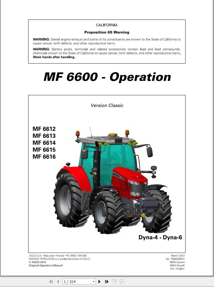 Massey Ferguson Tractor 6612 to 6616 Dyna 4 6 Operator Manual 7060458M1