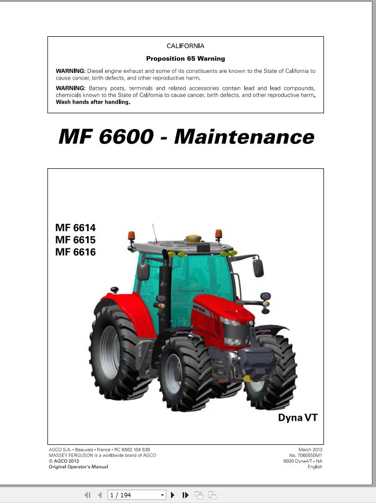 Massey Ferguson Tractor 6614 6615 6616 Dyna-VT Maintenance Manual 7060550M1