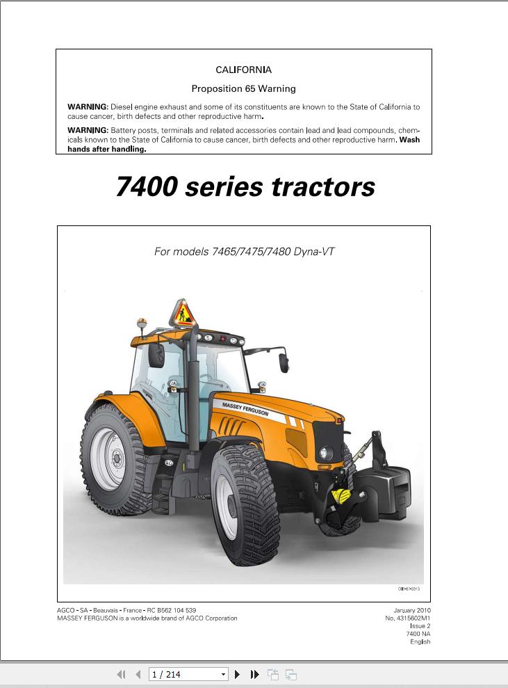 Massey Ferguson Tractor 7465 7475 7480 Dyna-VT Operator Manual