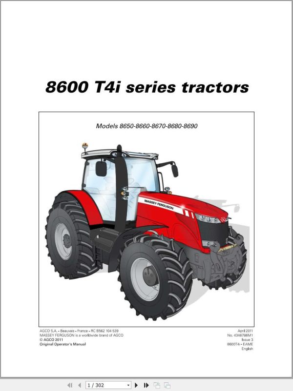 Massey Ferguson Tractor 8600 T4i Series Operator Manual 4346786M1