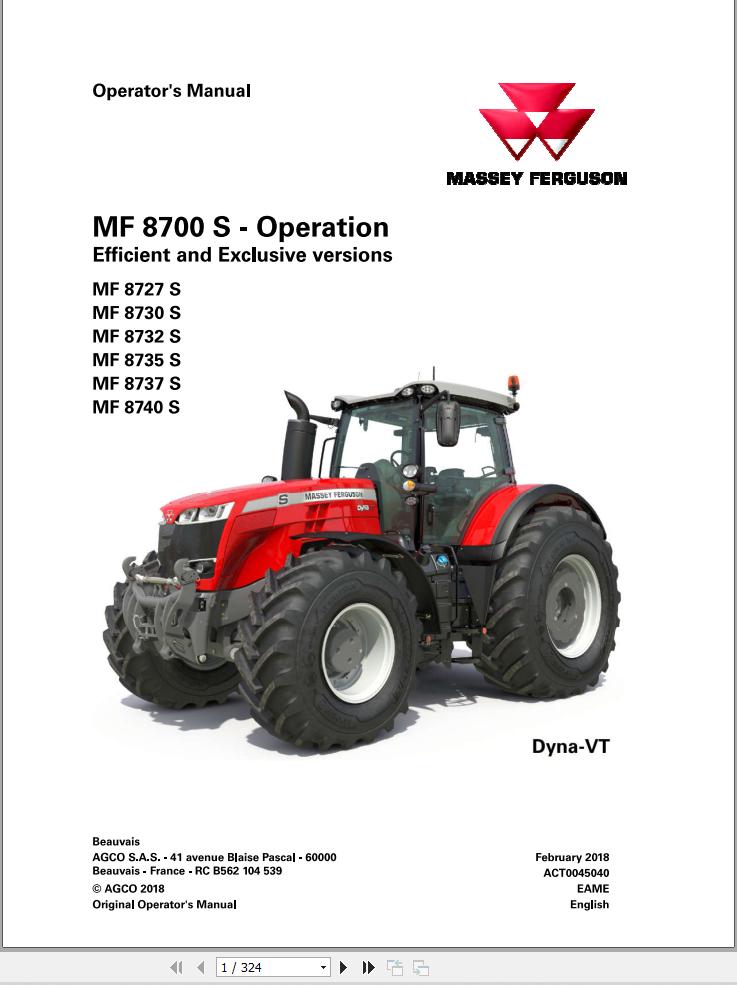 Massey Ferguson Tractor 8727S to 8740S Dyna-VT Operator Manual ACT0045040