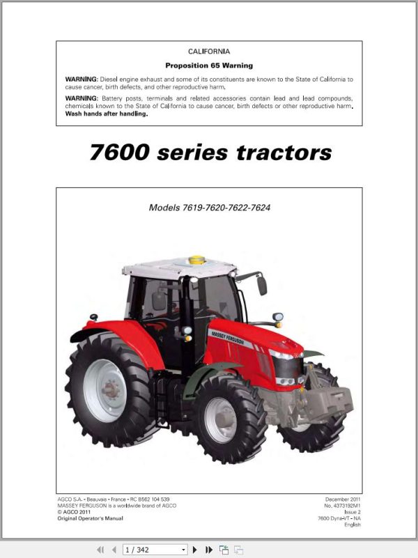 Massey Ferguson Tractor MF 7600 Series Operator Manual 4373192M1