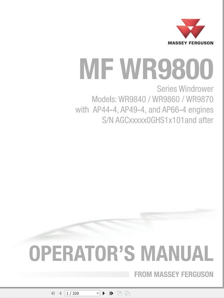 Massey Ferguson Windrower Tractor WR9840 WR9860 WR9870 Operator Manual