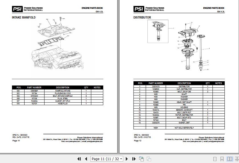 PSI Engine GM 4.3L Parts Book 39000933 2016 EN