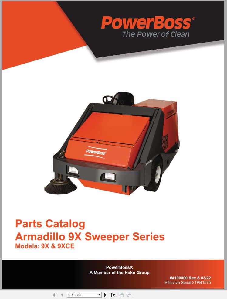 Power Boss Sweeper Armadillo 9X and 9XCE Parts Catalog 4100000 RevS