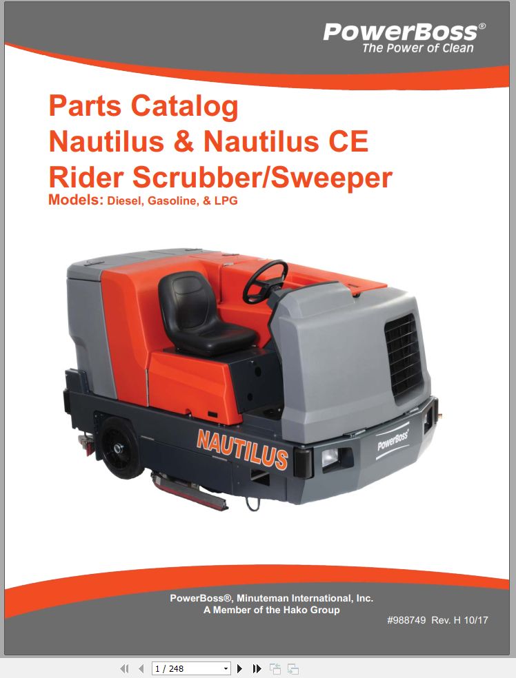 Power Boss Sweeper Nautilus and Nautilus CE Parts Catalog 988749 RevH