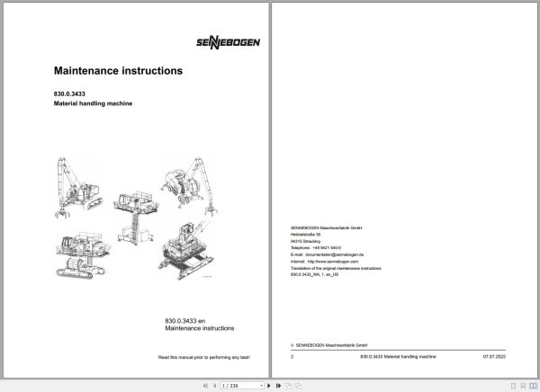 Sennebogen Material Handing 830 Maintenance Instructions 2022