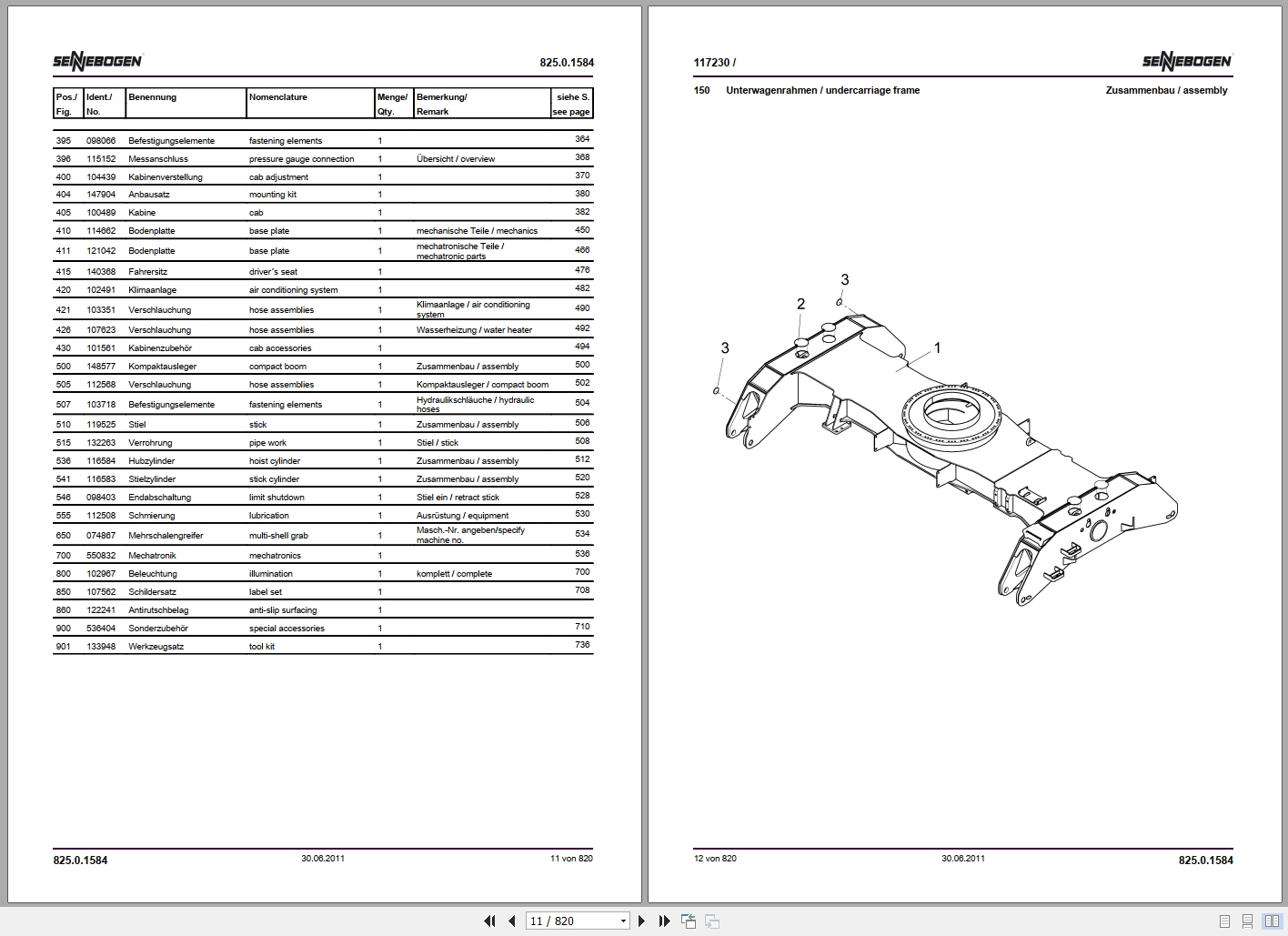 Sennebogen Telehandler 825 Spare Parts Catalog 2011 EN DE