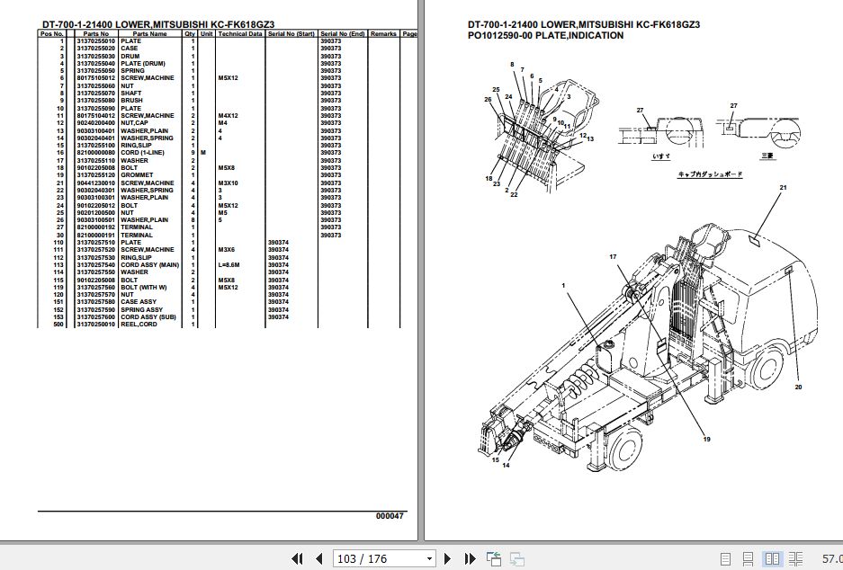 Tadano Crane DT-700-1 21400 Lower Mitsubishi KC-FK618GZ3 Parts Catalog