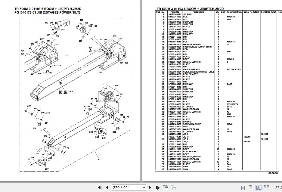 Tadano Hydraulic Crane TR-500M-3 01103 6 Boom Jib PT H 2M2D Parts Catalog
