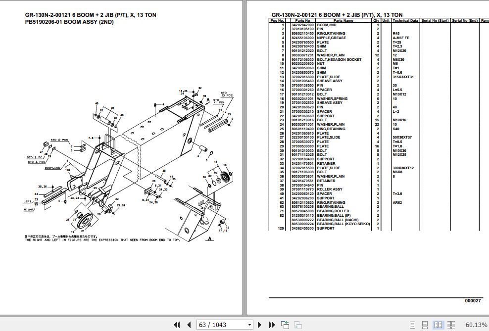 Tadano Rough Terrain Crane GR-130N-2 00121 6 Boom 2 Jib P_T X 13 TON Parts Catalog