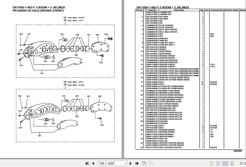 Tadano Rough Terrain Crane GR-700E-1 00211 5 Boom 2 Jib 2M2D Parts Catalog