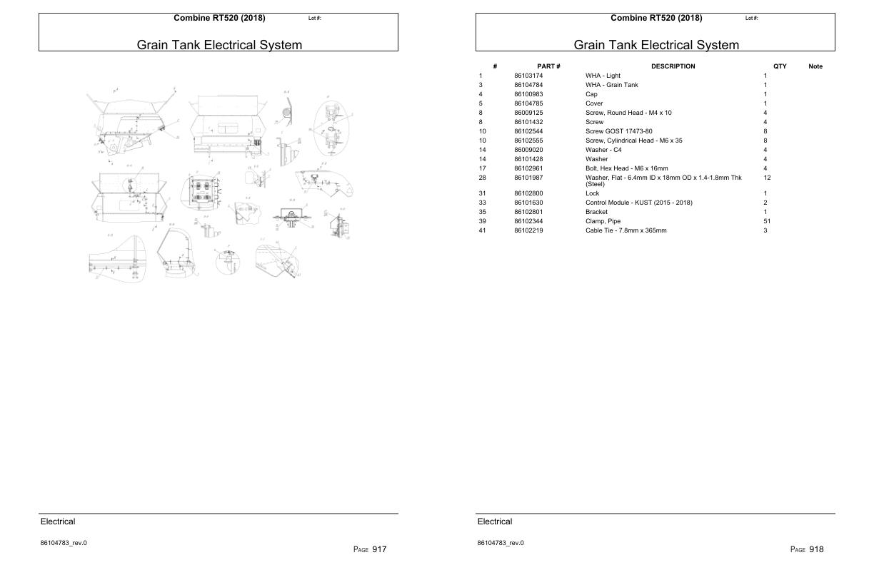 Versatile Combine RT520 Parts Catalog 2018