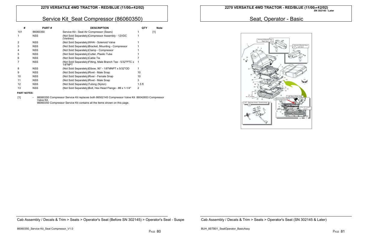 Versatile Tractor 2270 4WD Red Blue Parts Catalog 2000-2002