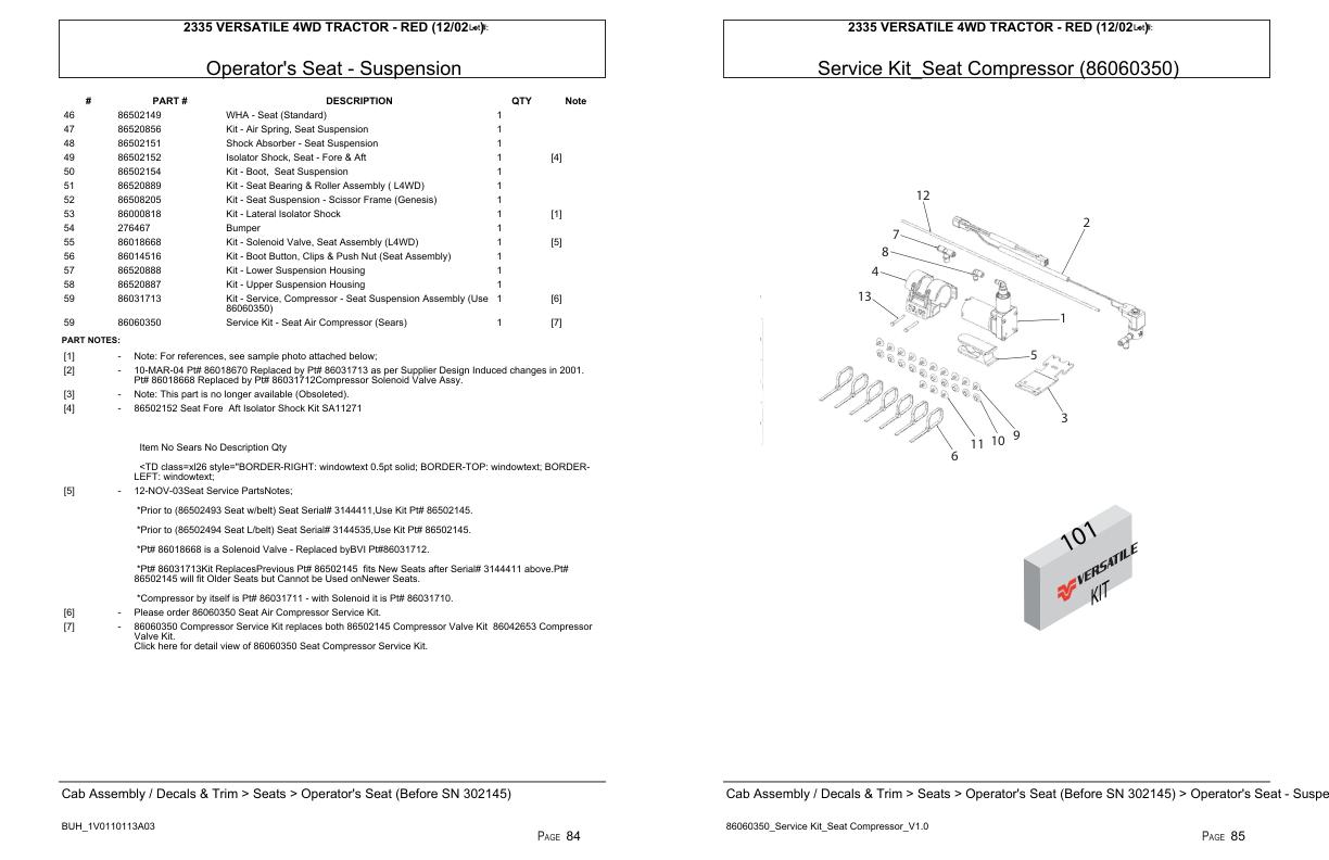 Versatile Tractor 2335 4WD Red Parts Catalog 2002-