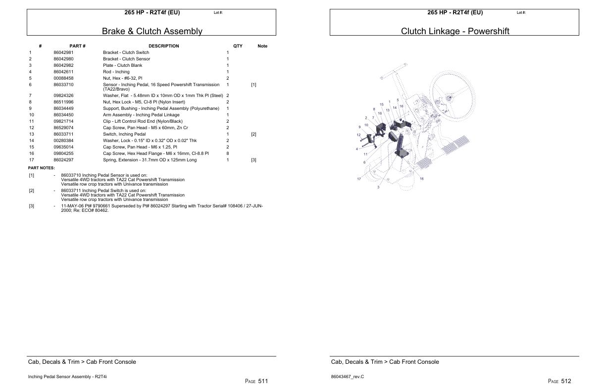 Versatile Tractor 265 HP R2T4f EU Parts Catalog