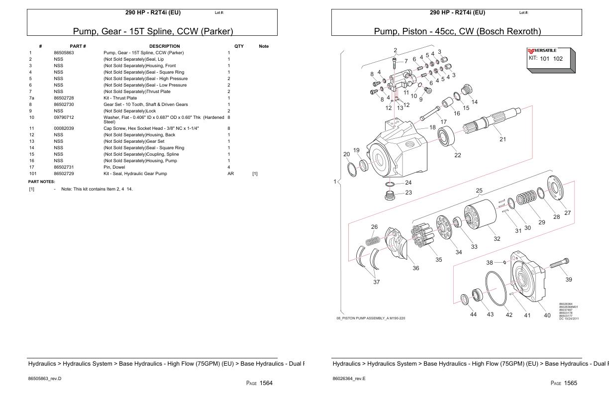 Versatile Tractor 290 HP R2T4i EU Parts Catalog