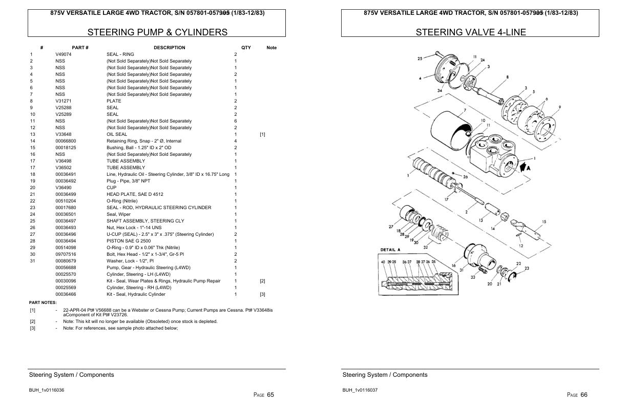 Versatile Tractor 875V Large 4WD 057801-057905 Parts Catalog 1983