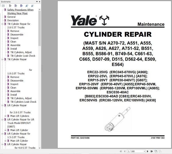 Yale Forklift ERC045VG-070VG A968 Parts Service Manual 2025