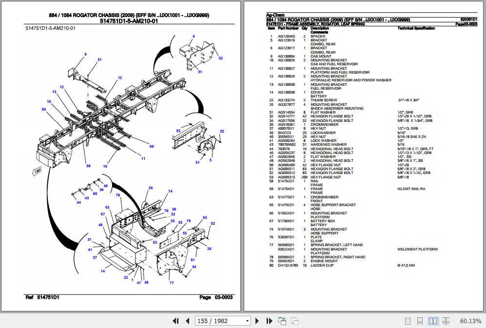 Ag-Chem Rogator Chassis 884 1084 Parts Catalog 520361D1
