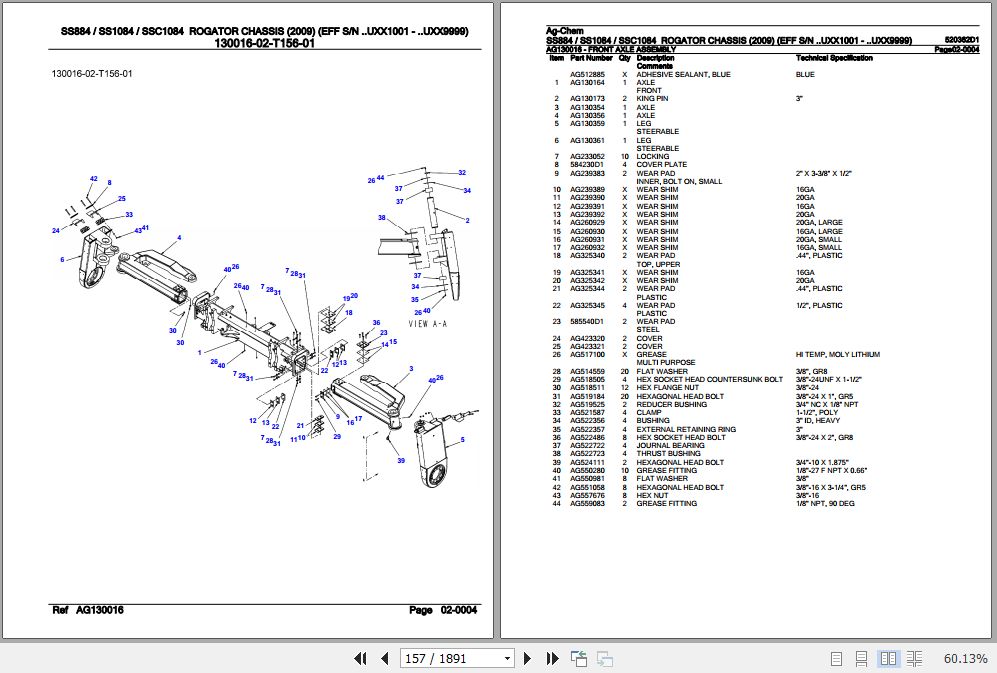 Ag-Chem Rogator Chassis SS884 SS1084 SSC1084 Parts Catalog 520362D1