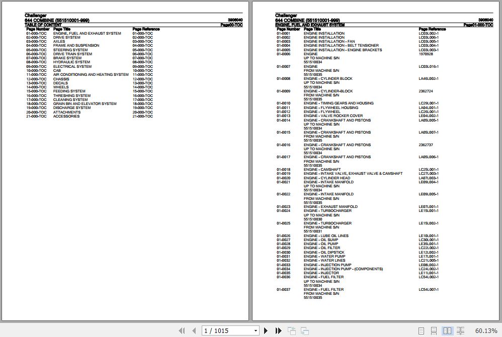Challenger Combine 644 Parts Catalog 3906040