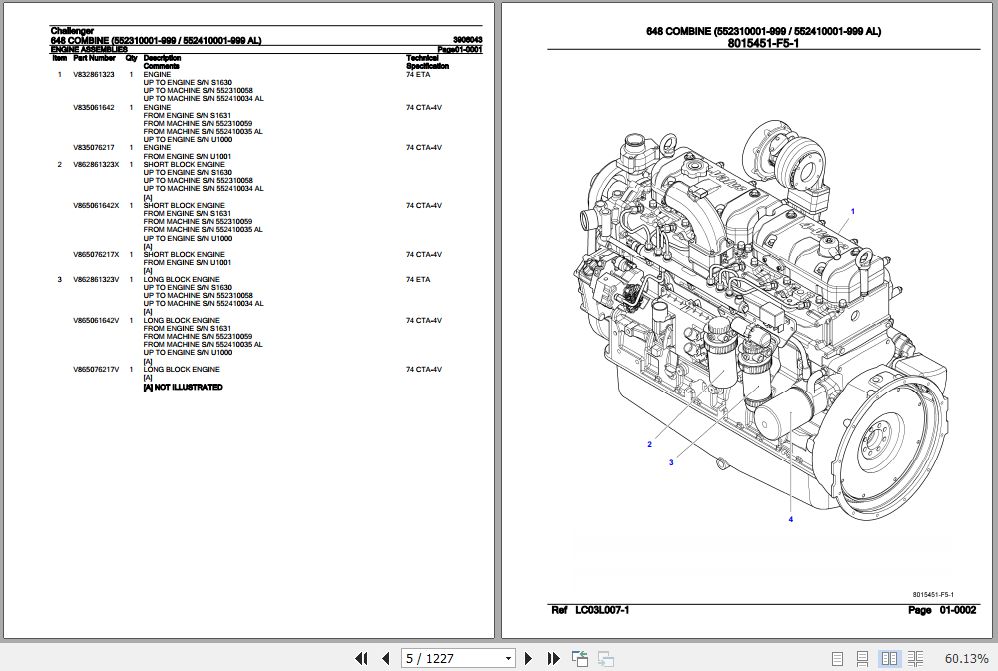 Challenger Combine 648 Parts Catalog 3906043