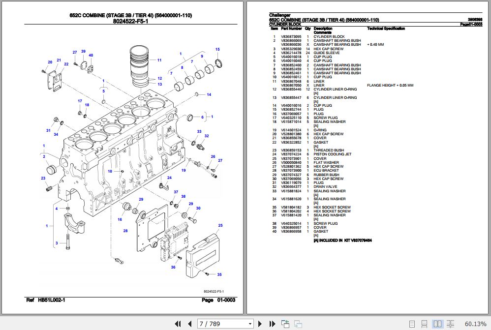 Challenger Combine 652C Parts Catalog 3906398