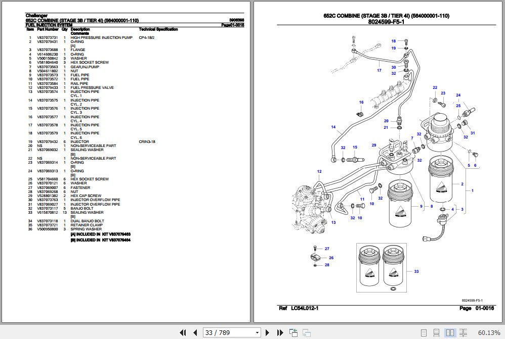 Challenger Combine 652C Parts Catalog 3906398