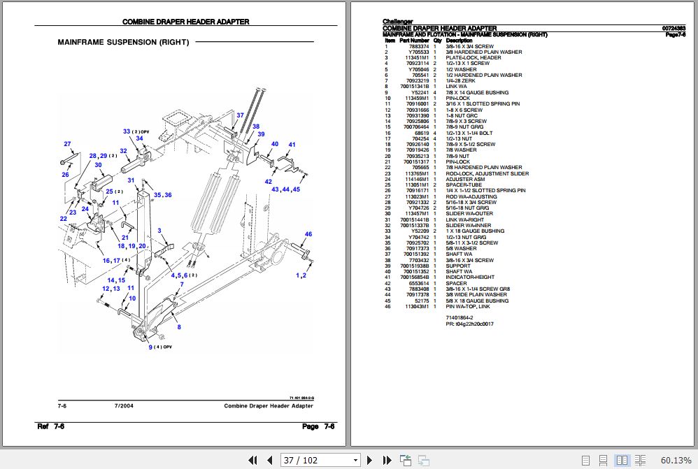 Challenger Combine Draper Header Adapter Parts Catalog 00724383