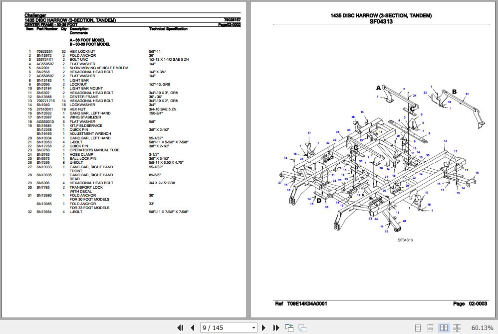 Challenger Disc Harrow 1435 Parts Catalog 79028157