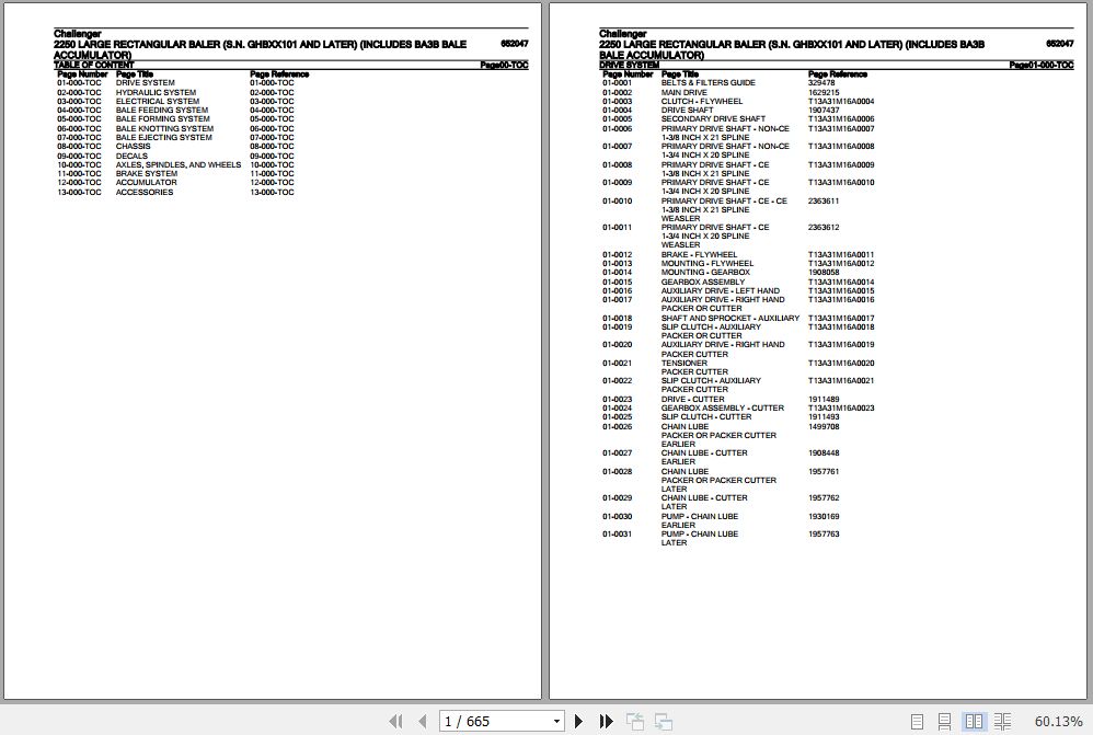 Challenger Large Rectangular Baler 2250 Parts Catalog 652047