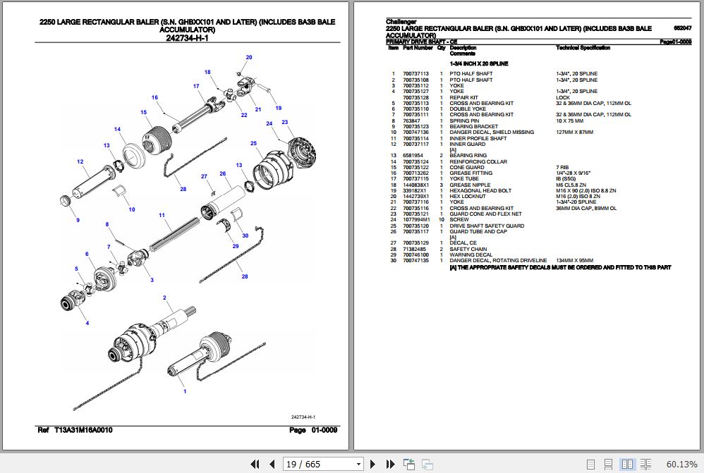Challenger Large Rectangular Baler 2250 Parts Catalog 652047