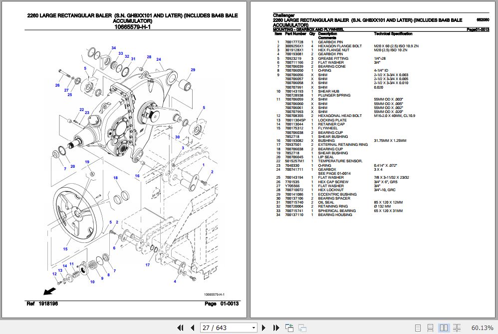 Challenger Large Rectangular Baler 2260 Parts Catalog 652050
