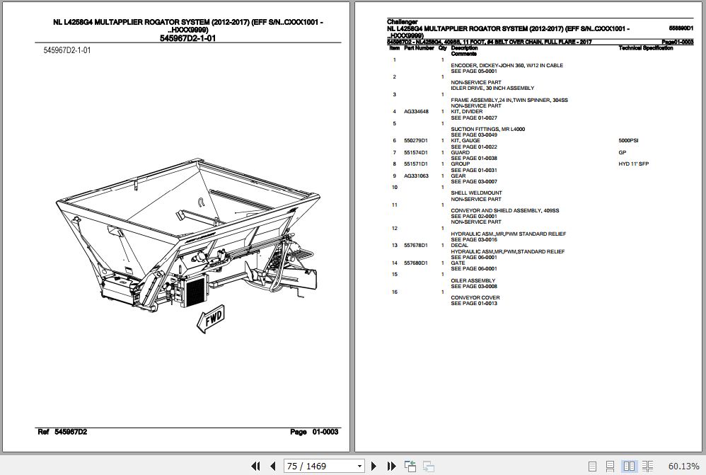 Challenger NL L4258G4 Multapplier Rogator System Parts Catalog 558890D1