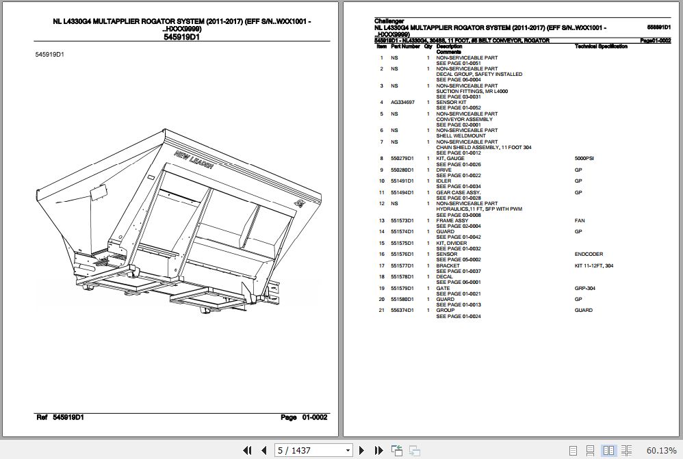 Challenger NL L4330G4 Multapplier Rogator System Parts Catalog 558891D1