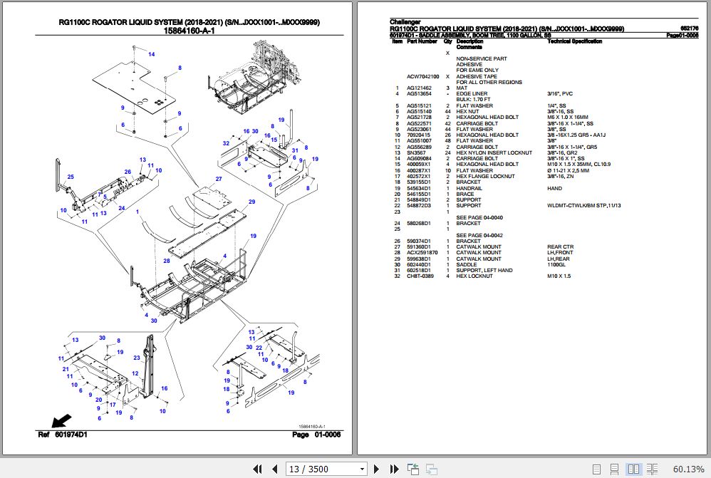 Challenger RG1100C Rogator Liquid System Parts Catalog 652176