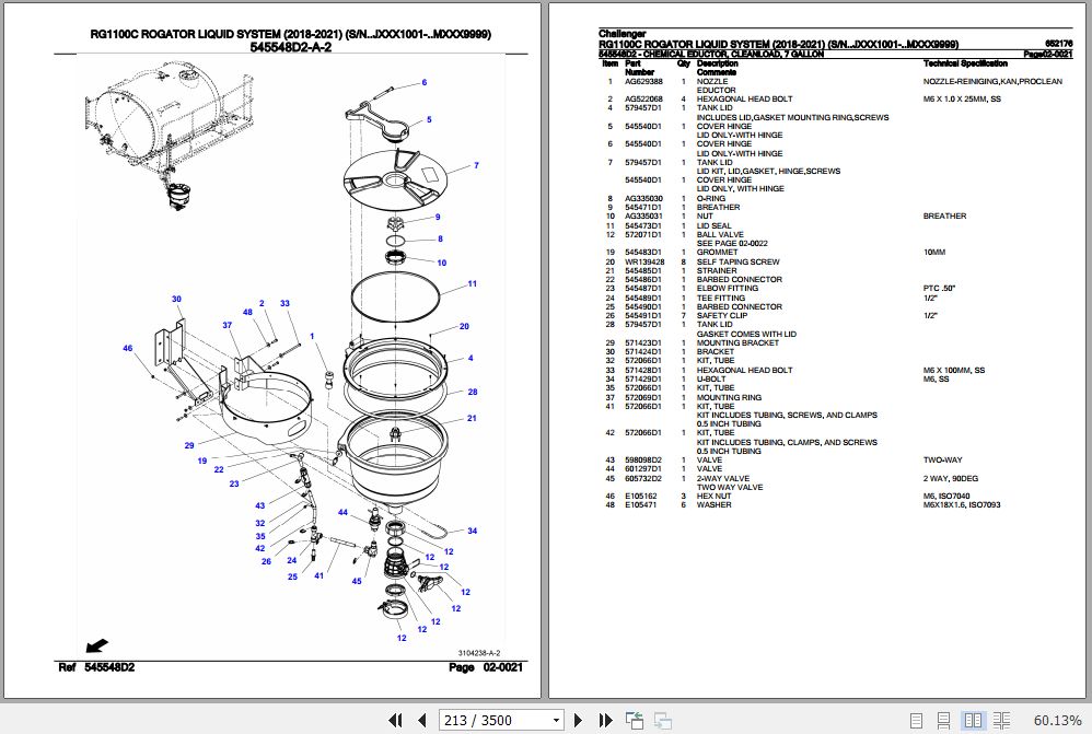 Challenger RG1100C Rogator Liquid System Parts Catalog 652176