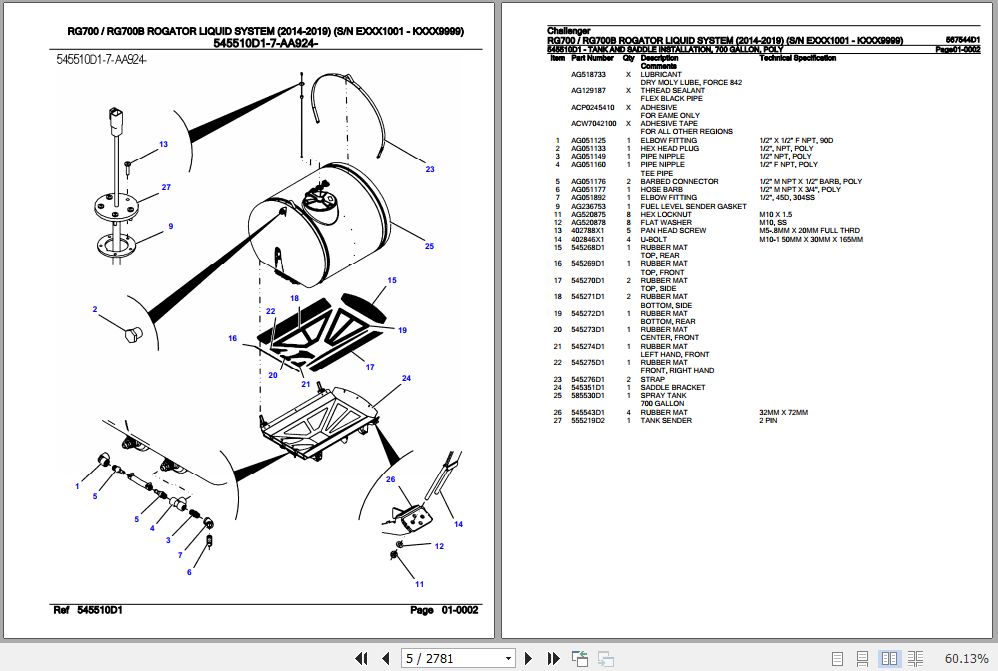 Challenger RG700 RG700B Rogator Liquid System Parts Catalog 567544D1