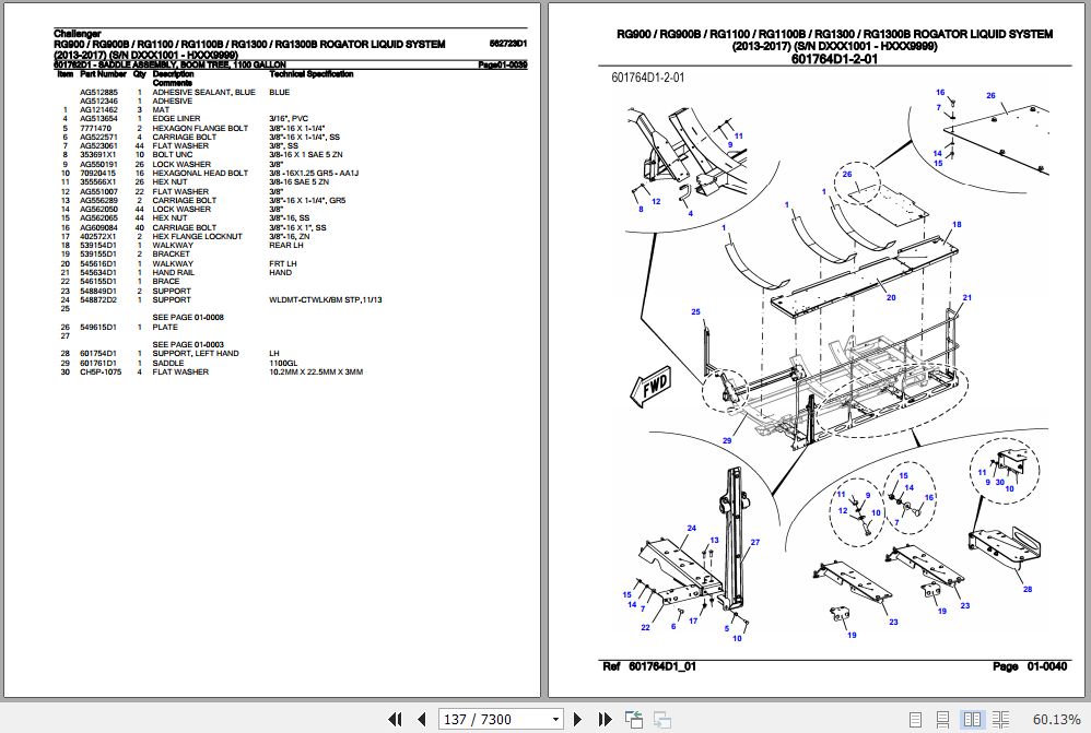 Challenger RG900 to RG1300B Rogator Liquid System Parts Catalog 562723D1
