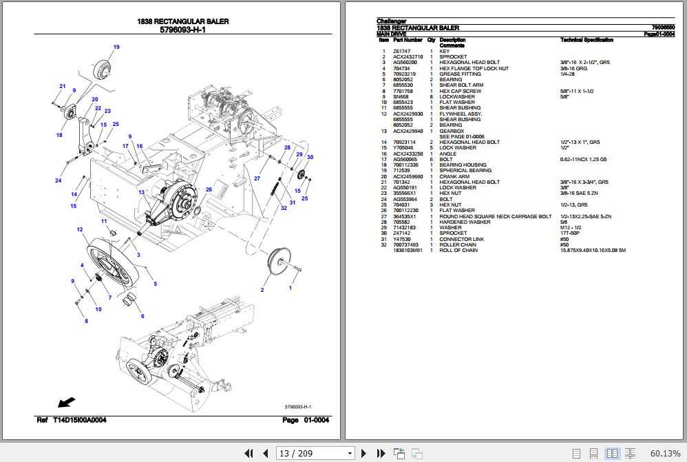 Challenger Rectangular Baler 1838 Parts Catalog 79036550