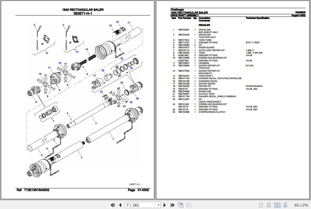 Challenger Rectangular Baler 1840 Parts Catalog 79035938